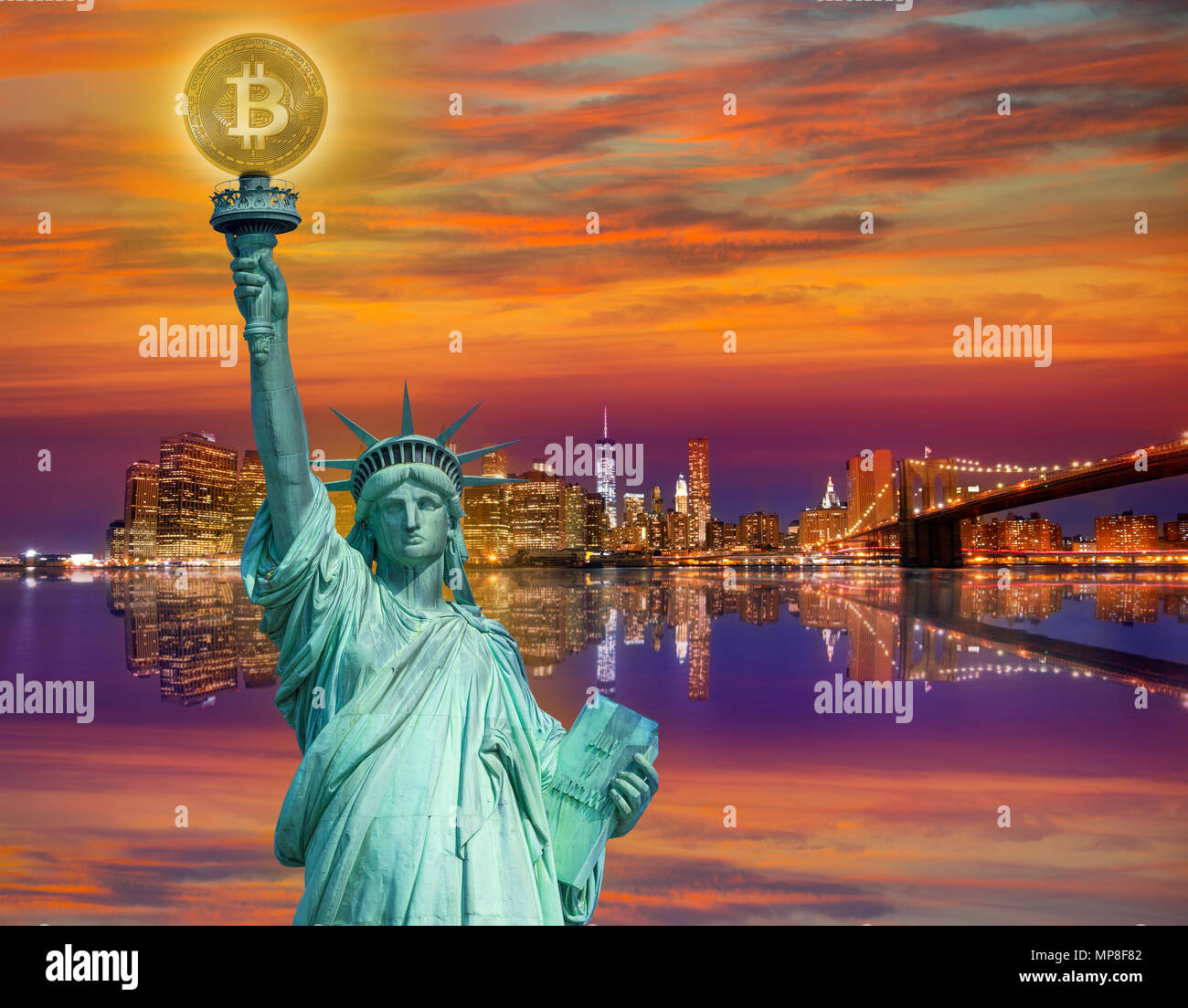 New york skyline with liberty holding bitcoin concept photomount Stock ...