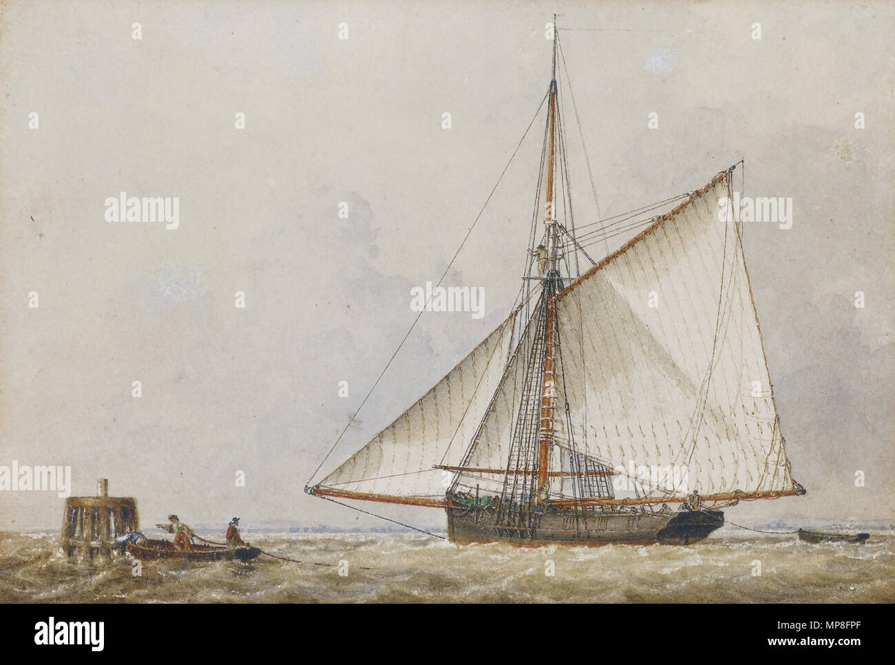 English: A trading cutter shortening sail as members of her crew carry ...