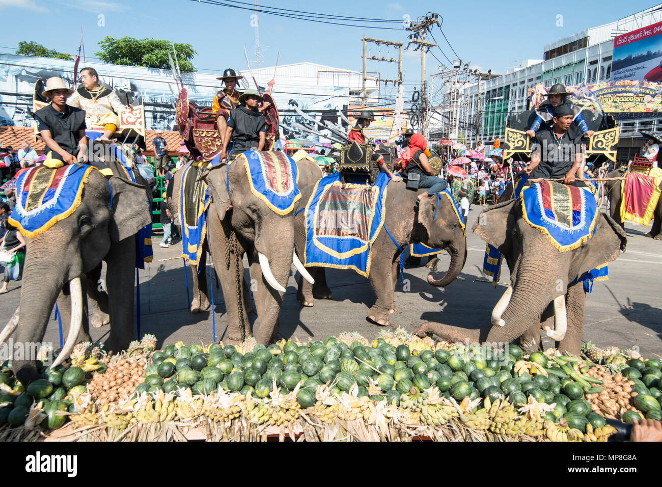 Elephants at the Elephant Buffet with lots of Fruits on the traditional ...