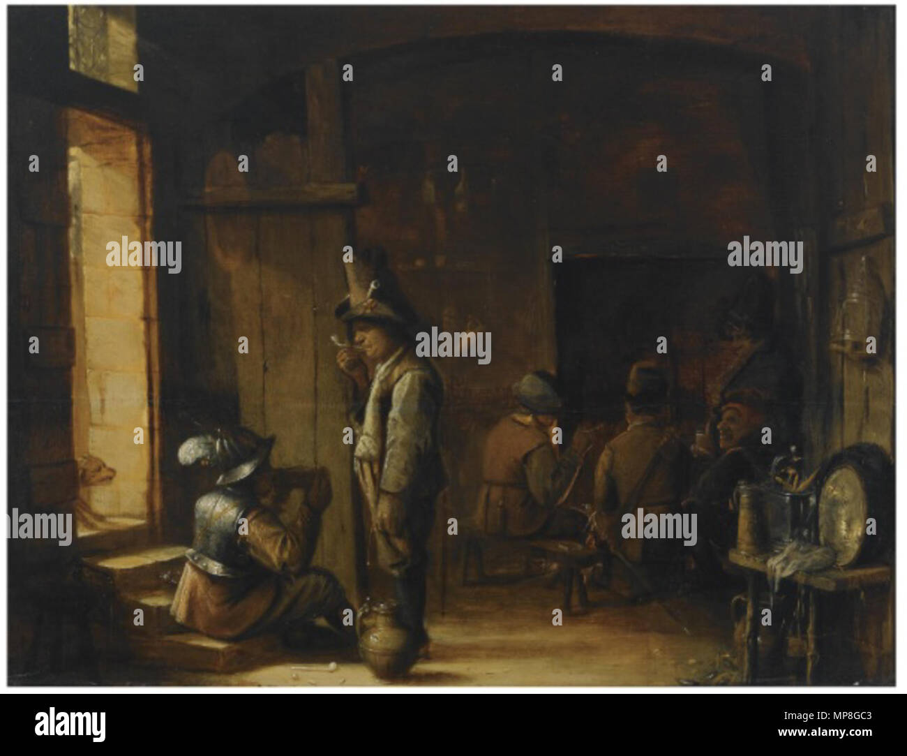 English: Tavern interior with a soldier sitiing and drinking beside a ...