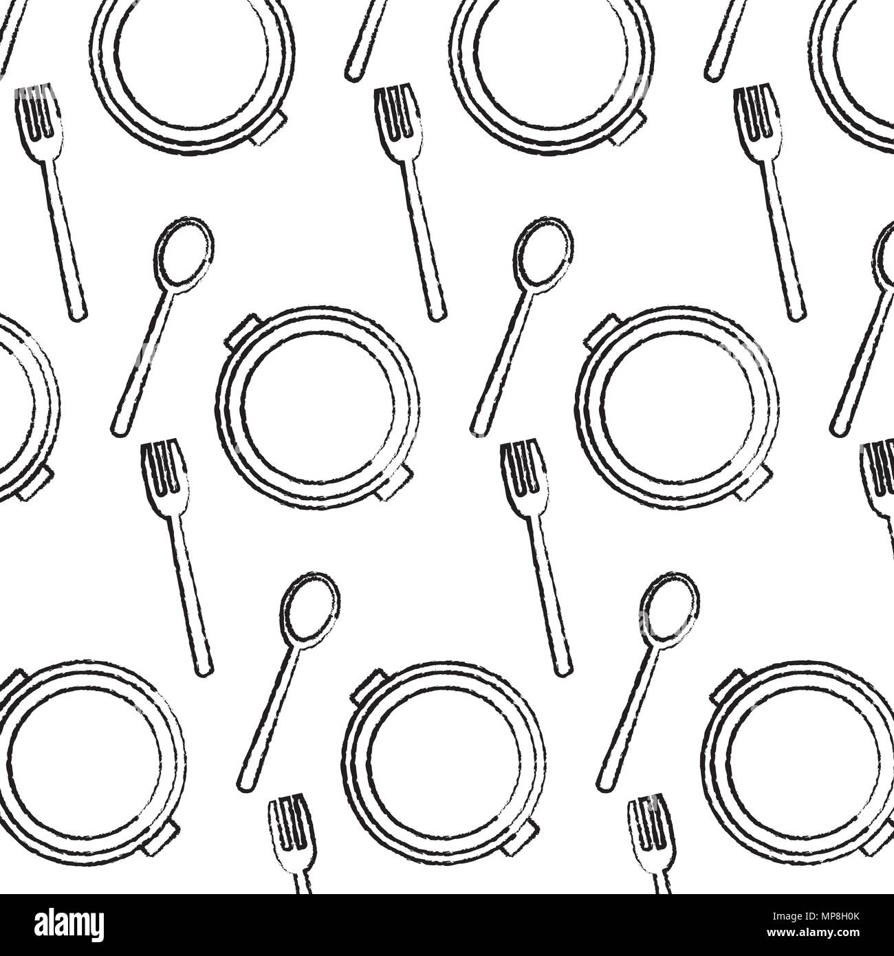 grunge cooking pot and cutlery kitchen utensils background Stock Vector ...