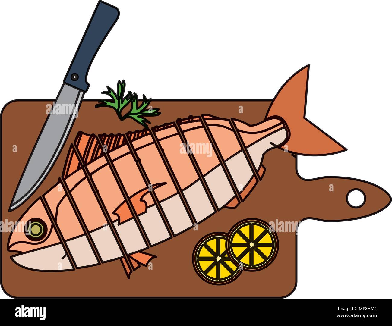 color chopped fish with lemon and knife in the cutting board Stock ...