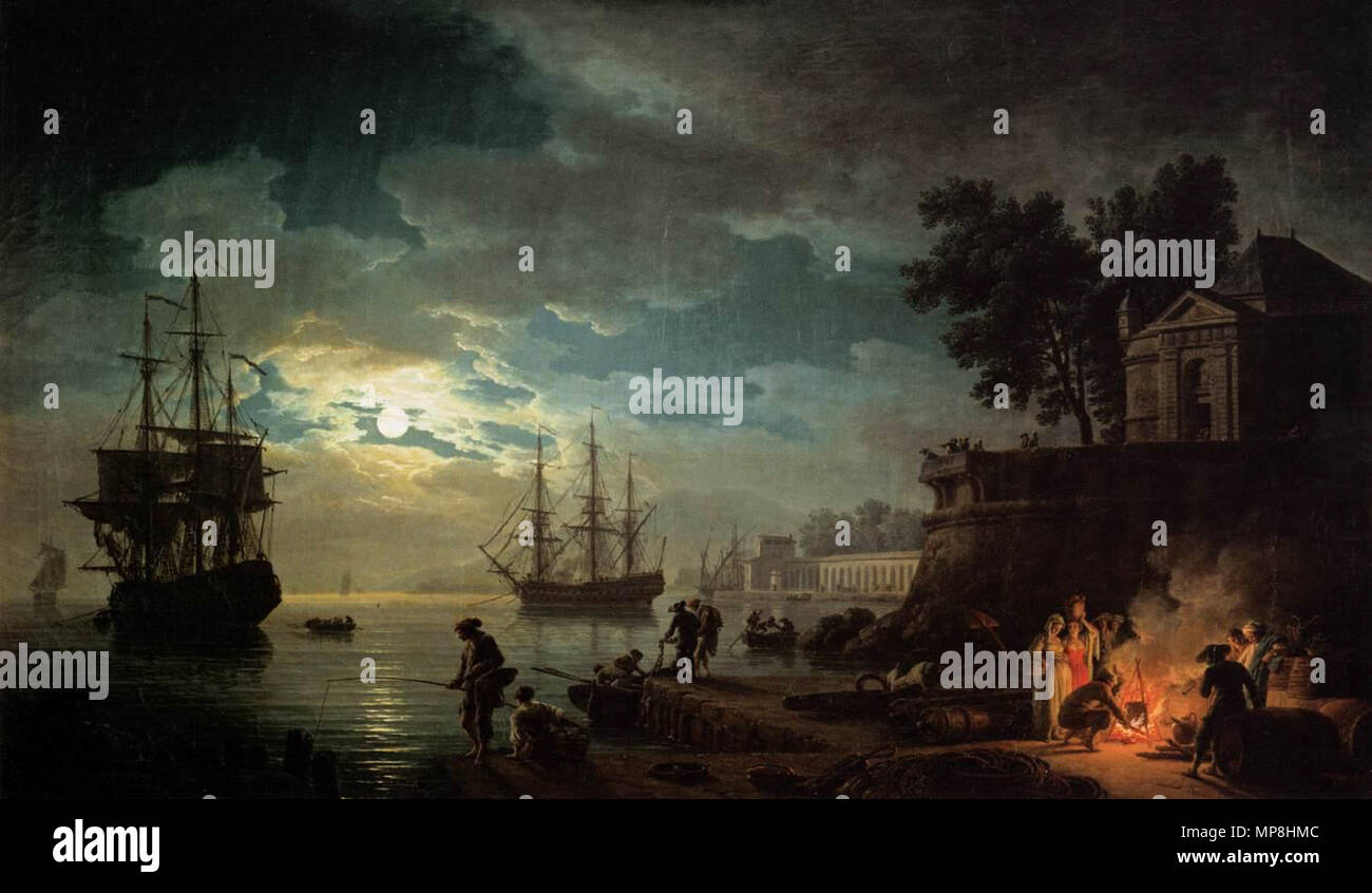 English: Night: Seaport by Moonlight 1771. 743 Joseph Vernet - Night ...