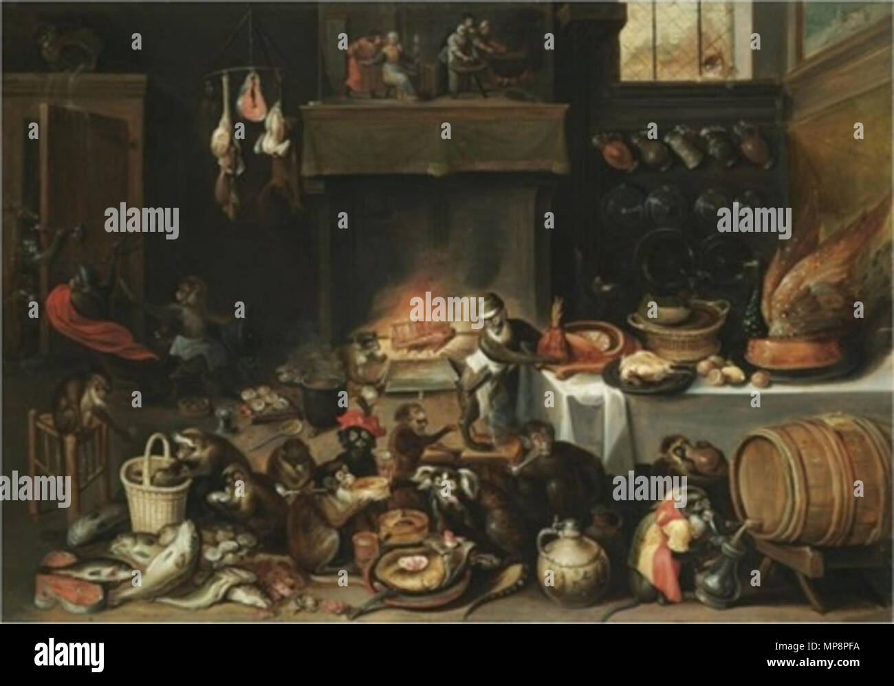 English: Apes celebrating in the kitchen 17th century. 763 Kessel ...