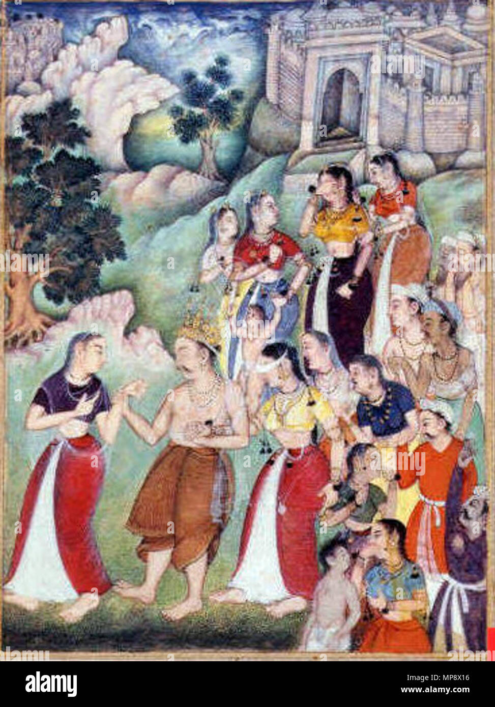 . English: 'Kunti leading Gandhari. Description: Gandhari, blindfolded ...