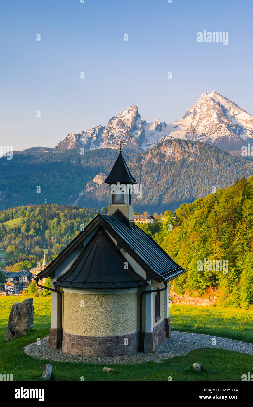 Lockstein chapel at twilight, with view towards mountain Watzmann ...