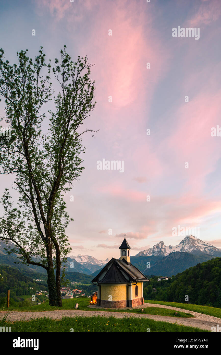 Lockstein chapel at twilight, with view towards mountain Watzmann ...