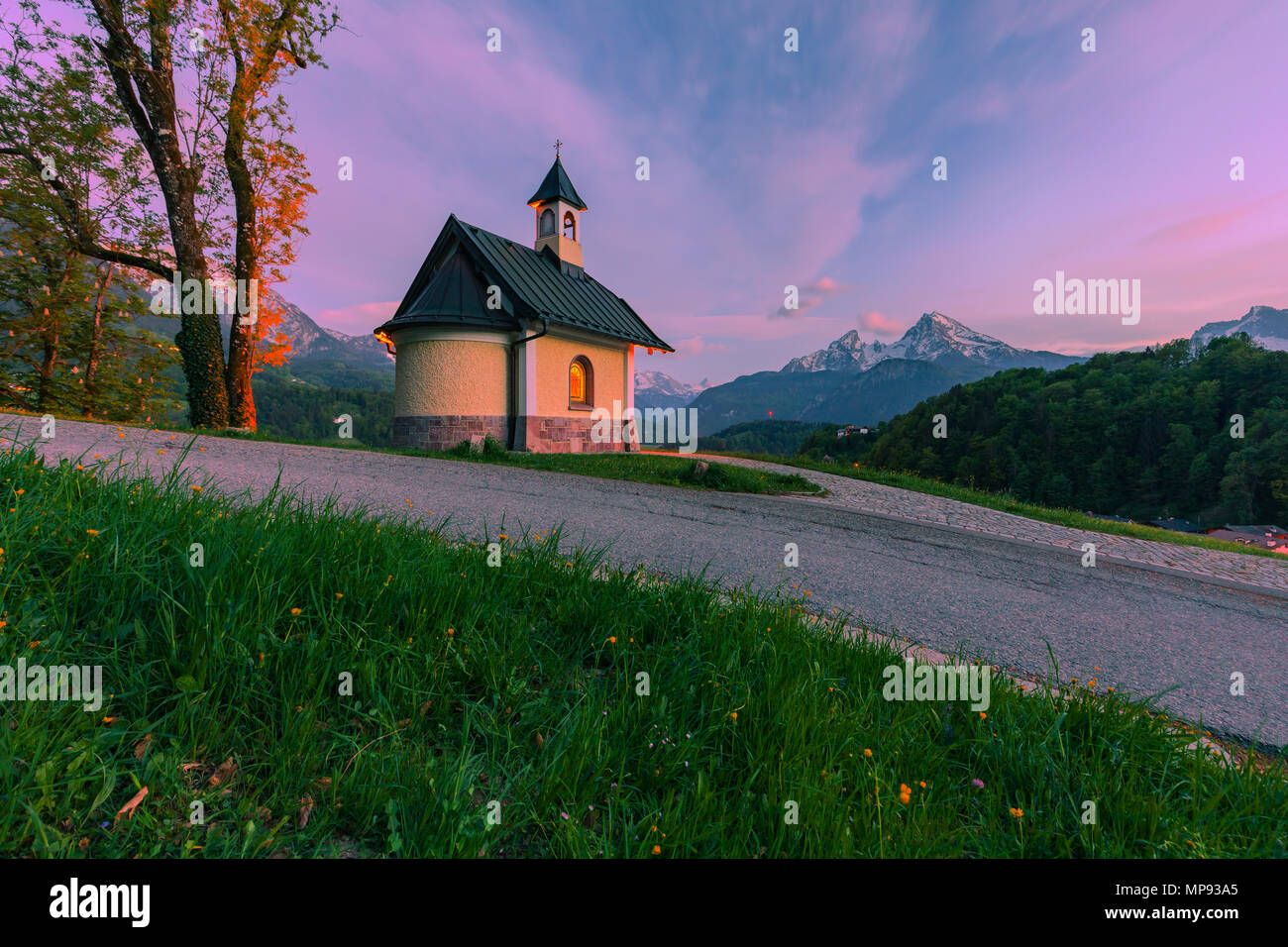 Lockstein chapel at twilight, with view towards mountain Watzmann ...