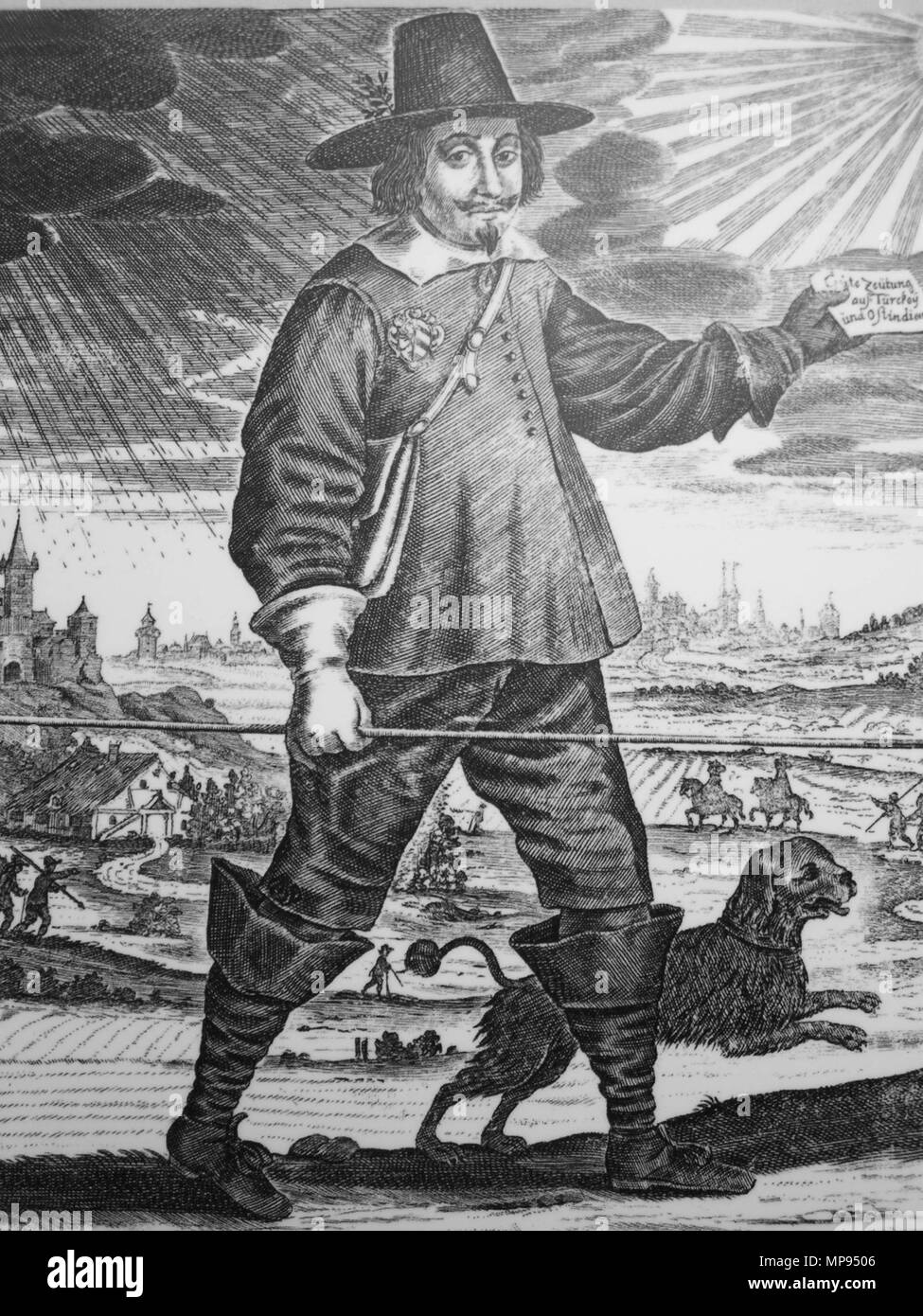 . Deutsch: Postbote mit Botenspiess (17. Jahrhundert), Buchillustration ...