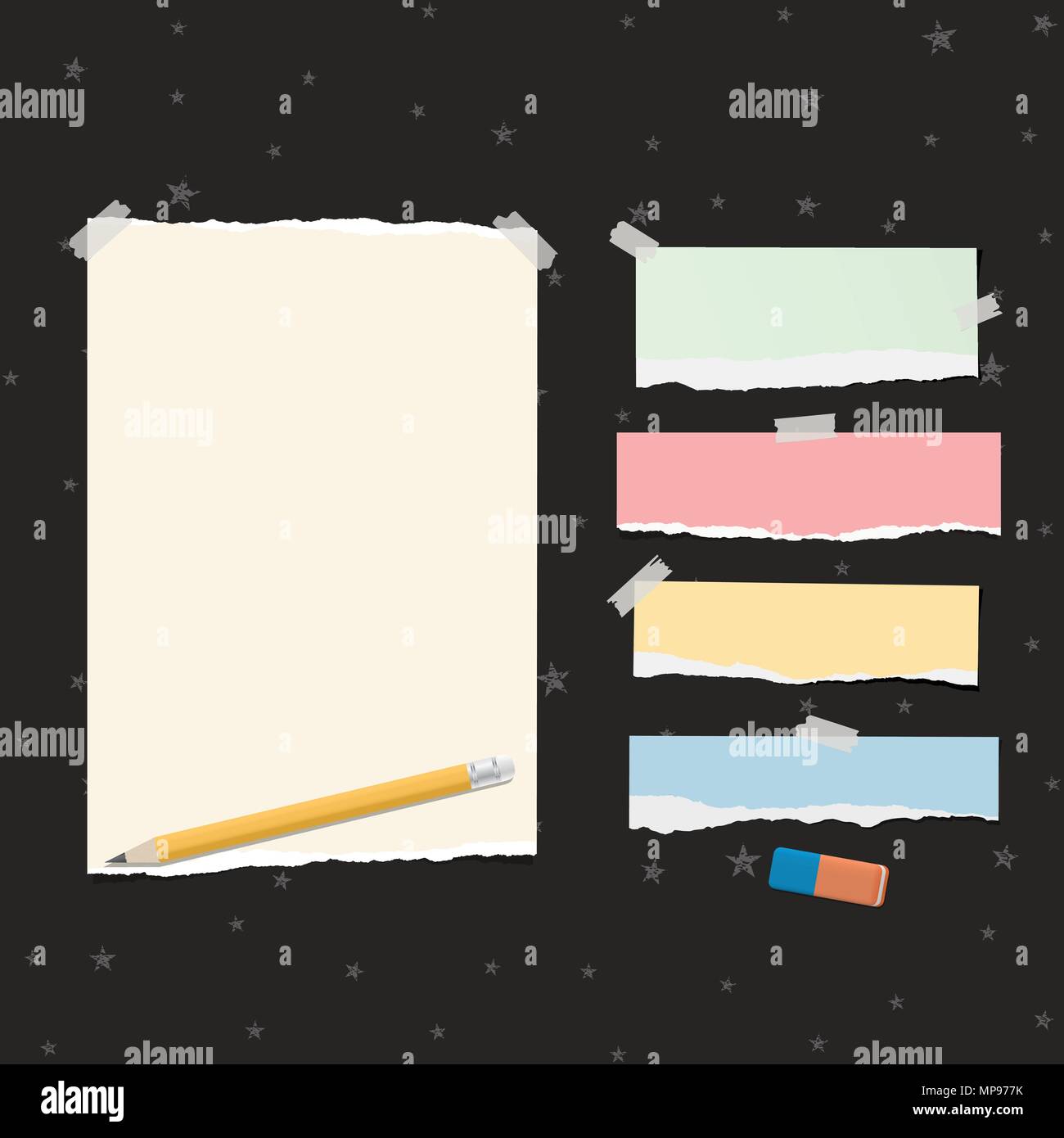 Torn colorful empty note, notebook paper strips for text stuck on black ...