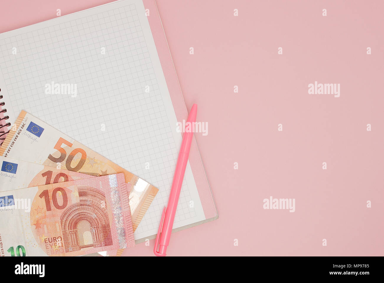 Notebook, pen and Euro banknotes on pink background with copy space ...