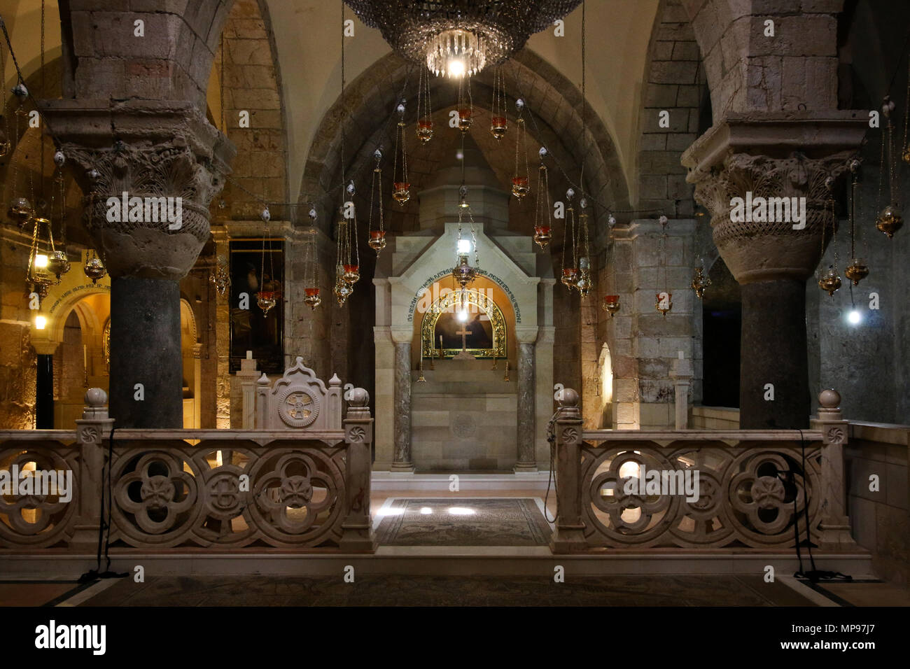Jerusalem, Israel - May 16, 2018: Altar with hanging candlesticks in ...