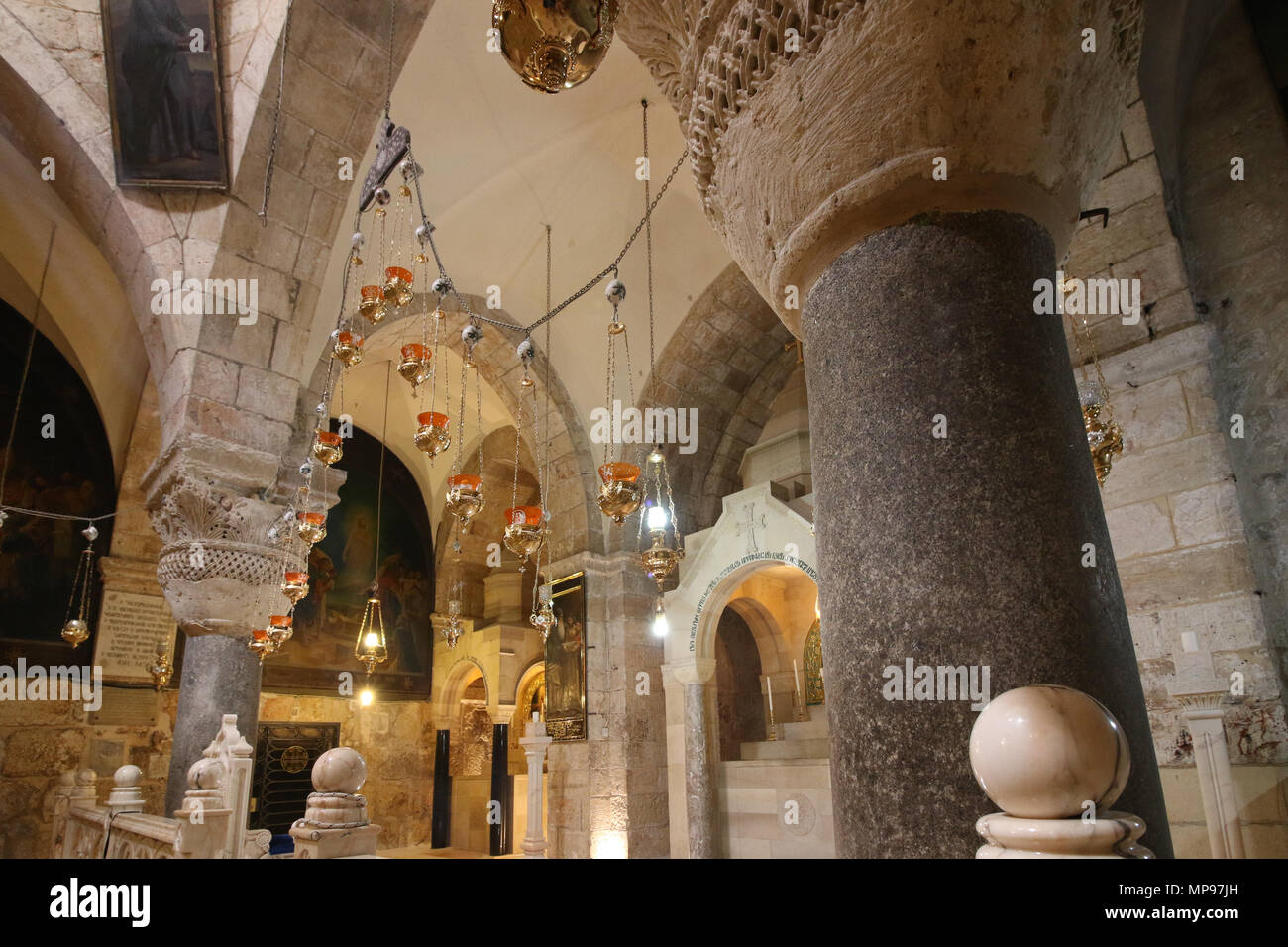 Jerusalem, Israel - May 16, 2018: Hanging candlesticks in the Church of the Holy Sepulchre of ...