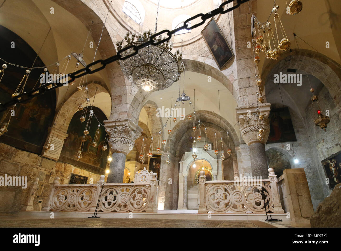 Jerusalem, Israel - May 16, 2018: Hanging candlesticks in the Church of ...