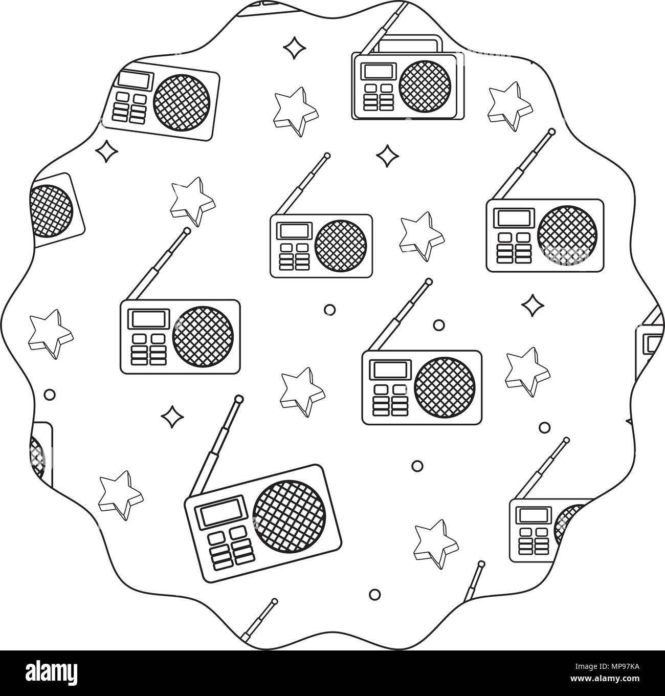 circular frame with retro radio pattern over white background, vector ...