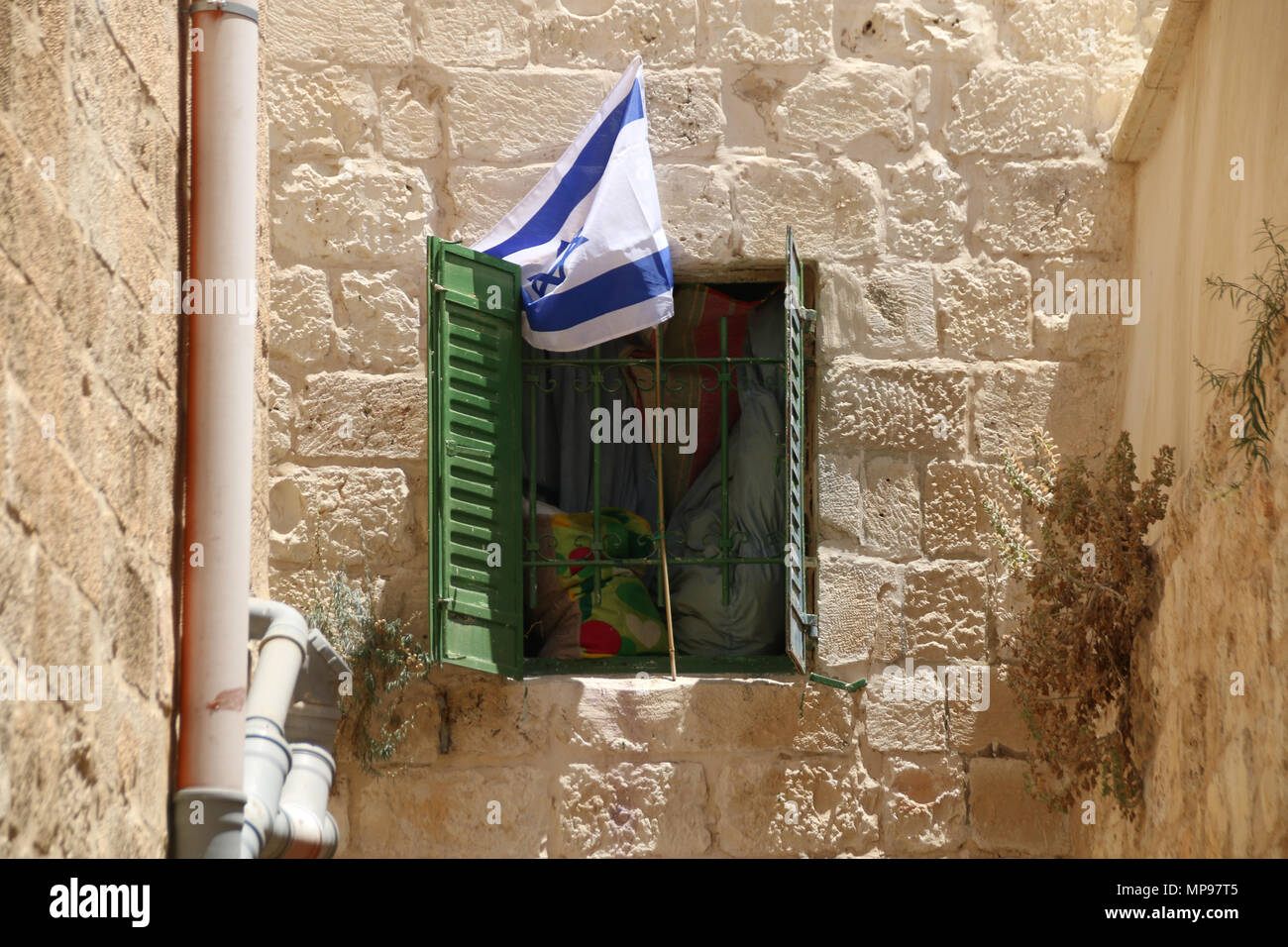 Jerusalem, Israel - May 16, 2018: View of a window with the Israeli ...