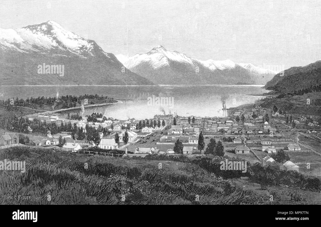 Engraving of Queenstown in central Otago circa 1880, New Zealand. From ...