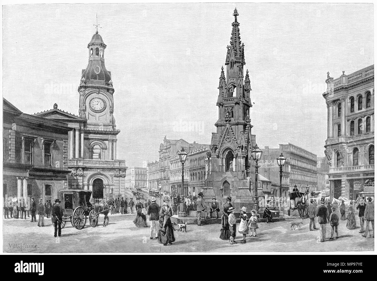 Engraving of the Cargill Monument in the city of Dunedin circa 1880 ...