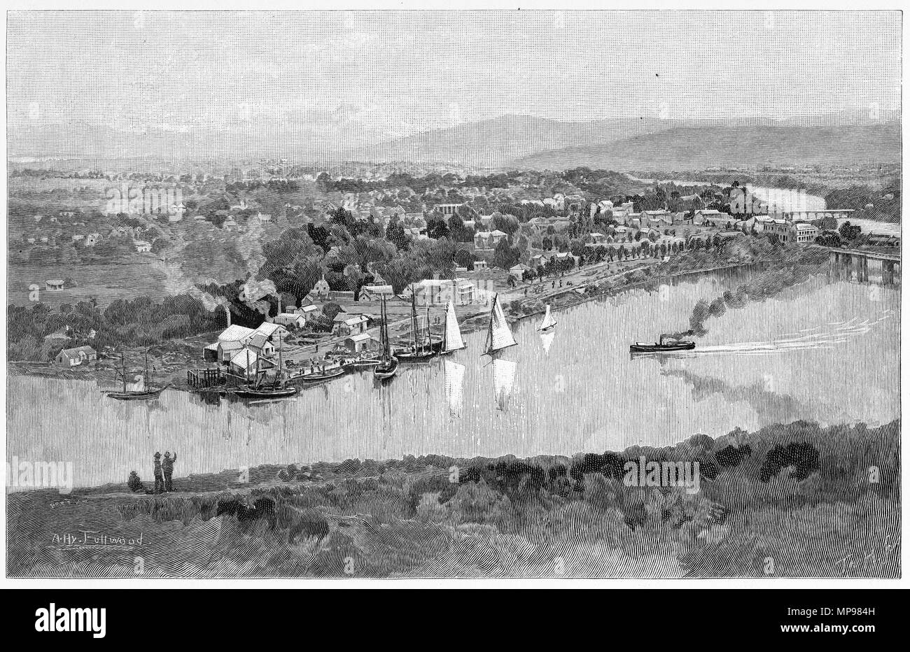 Engraving of the city of Gisborne, Poverty Bay, circa 1880, New Zealand ...