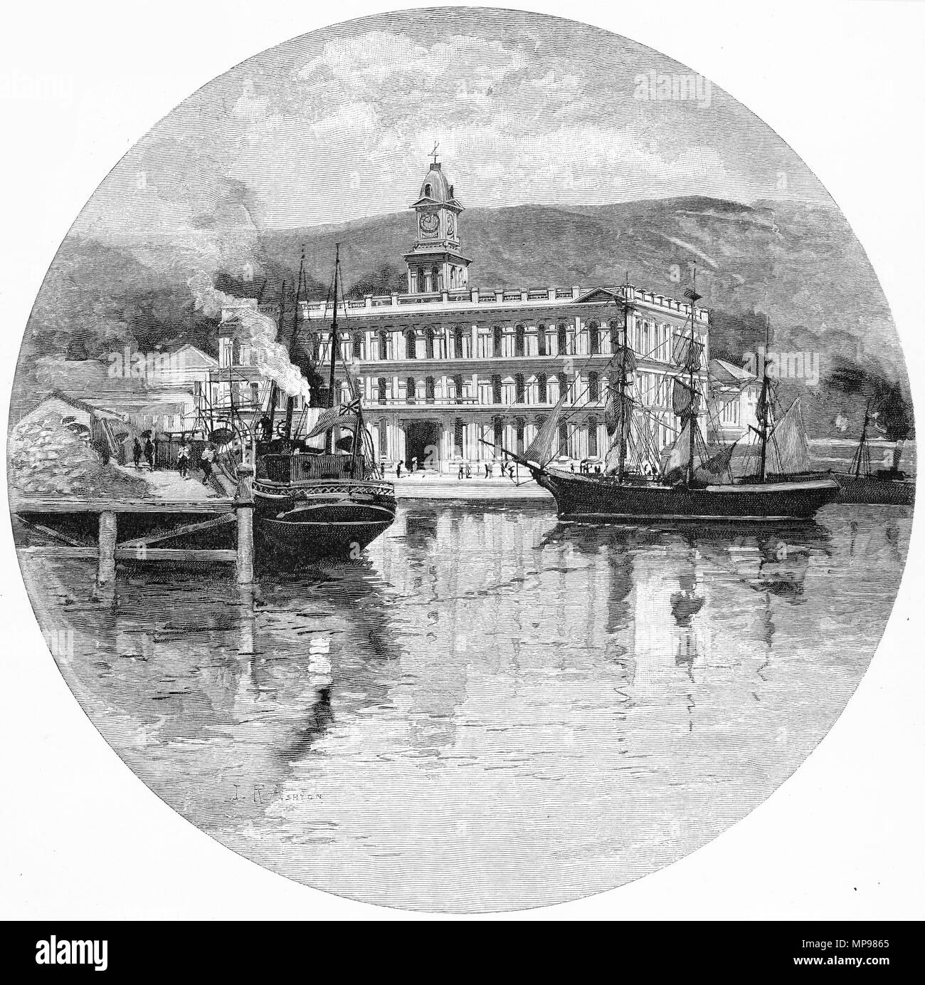 Engraving of the Wellington Post Office circa 1880, New Zealand. From ...