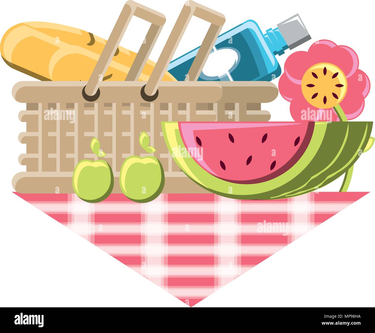 picnic basket with food and watermelon on tablecloth over white ...