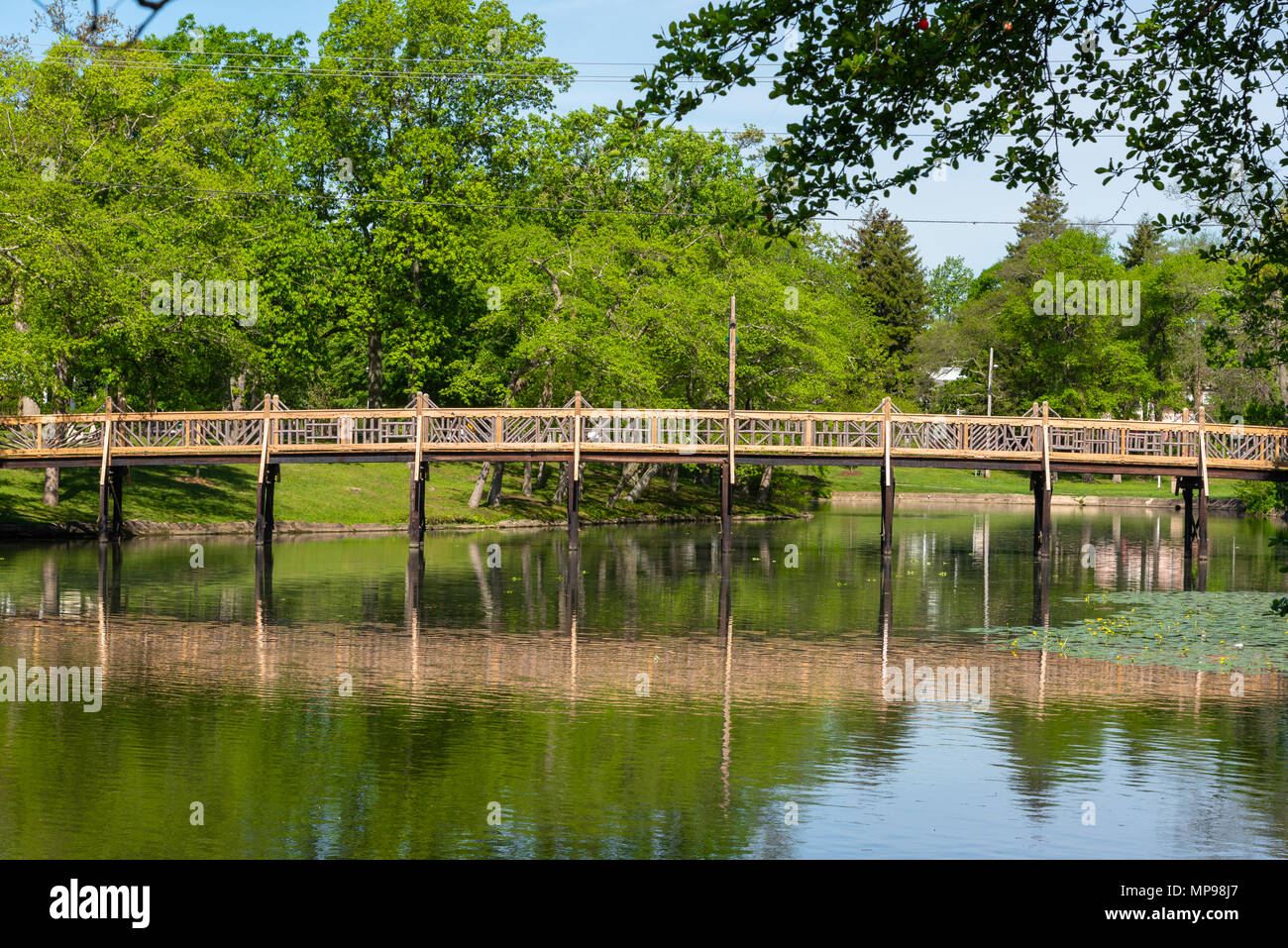A beautiful wooden bridge crosses over Spring Lake Stock Photo - Alamy