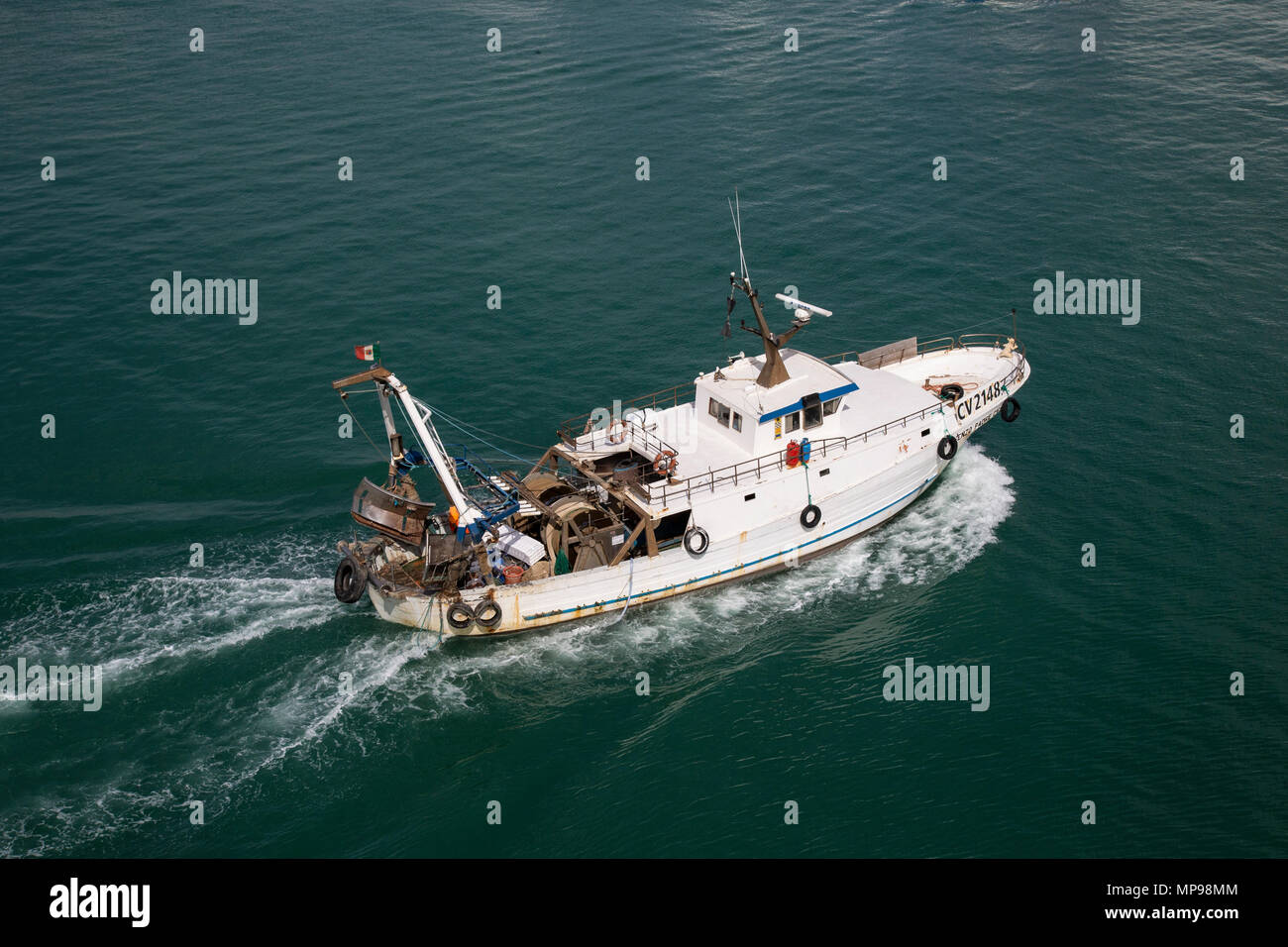 Italian fishing boat CV2148 at sea off the coast of Civitavecchia in ...