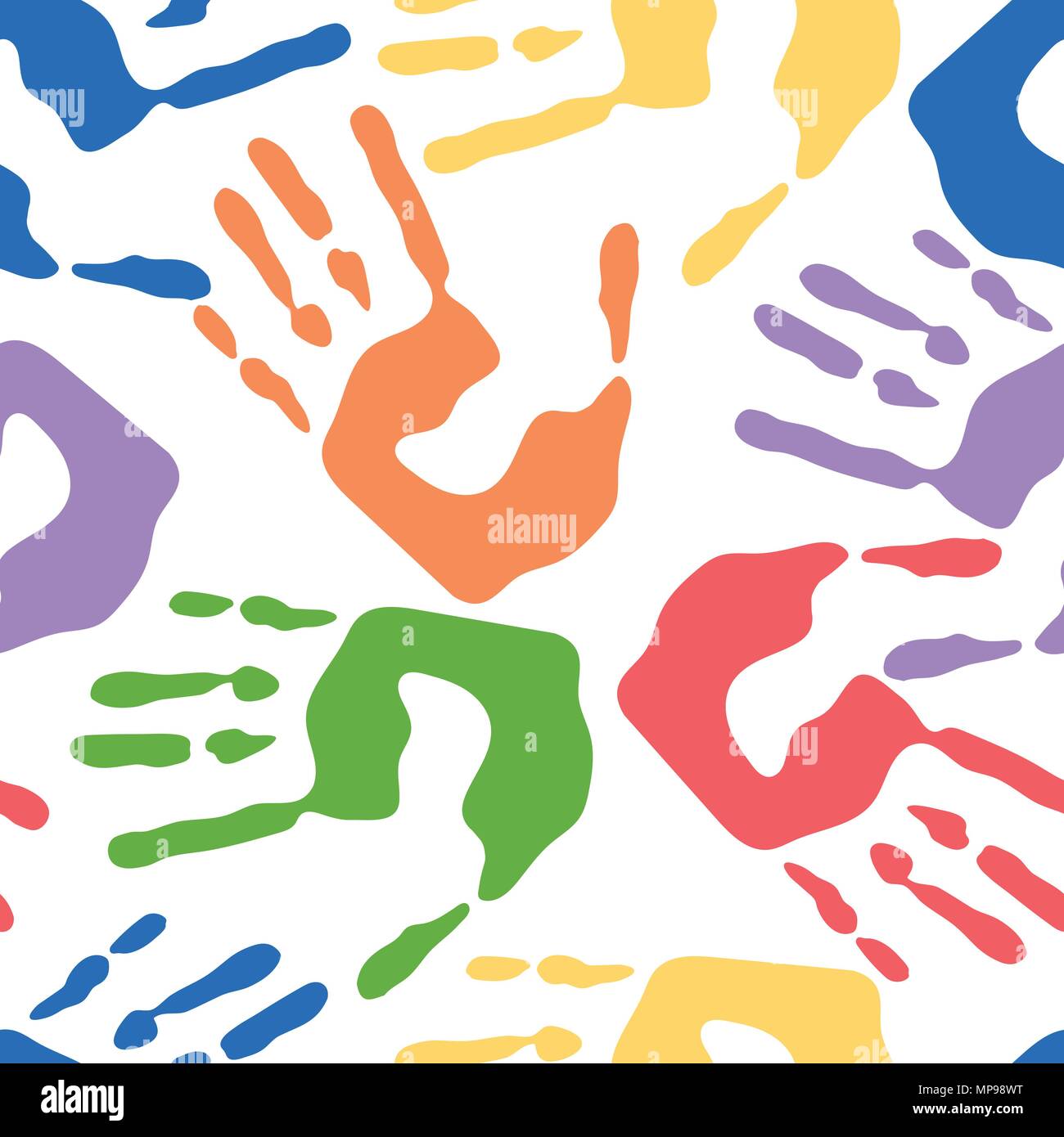 Seamless pattern with human handprints, colorful man hand stamps on ...
