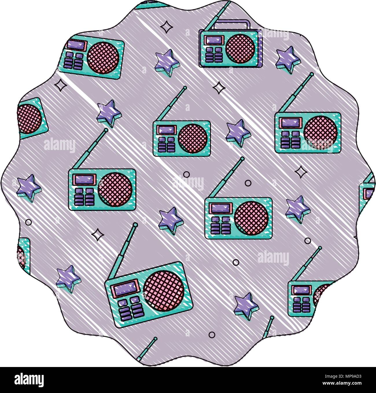 circular frame with retro radio pattern over white background, vector ...