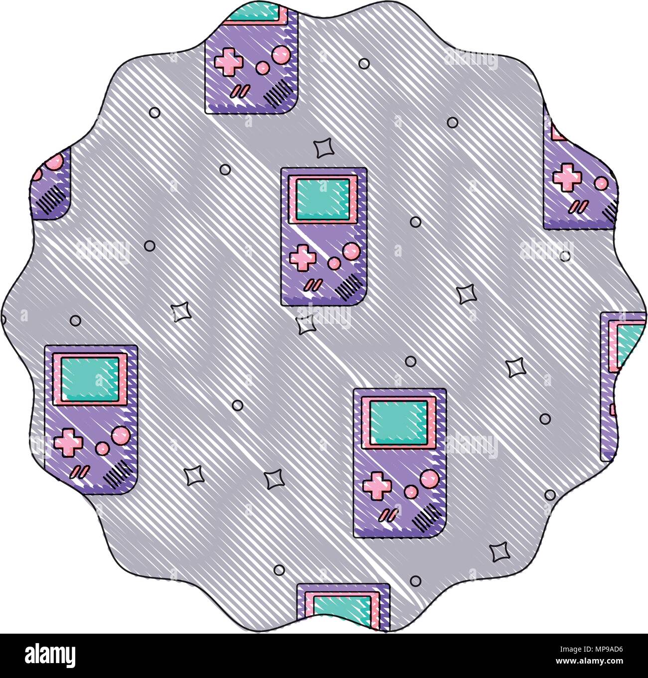decorative circular frame with portable videogame pattern over white ...