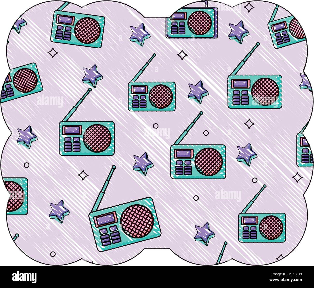 decorative frame with retro radio pattern over white background, vector ...