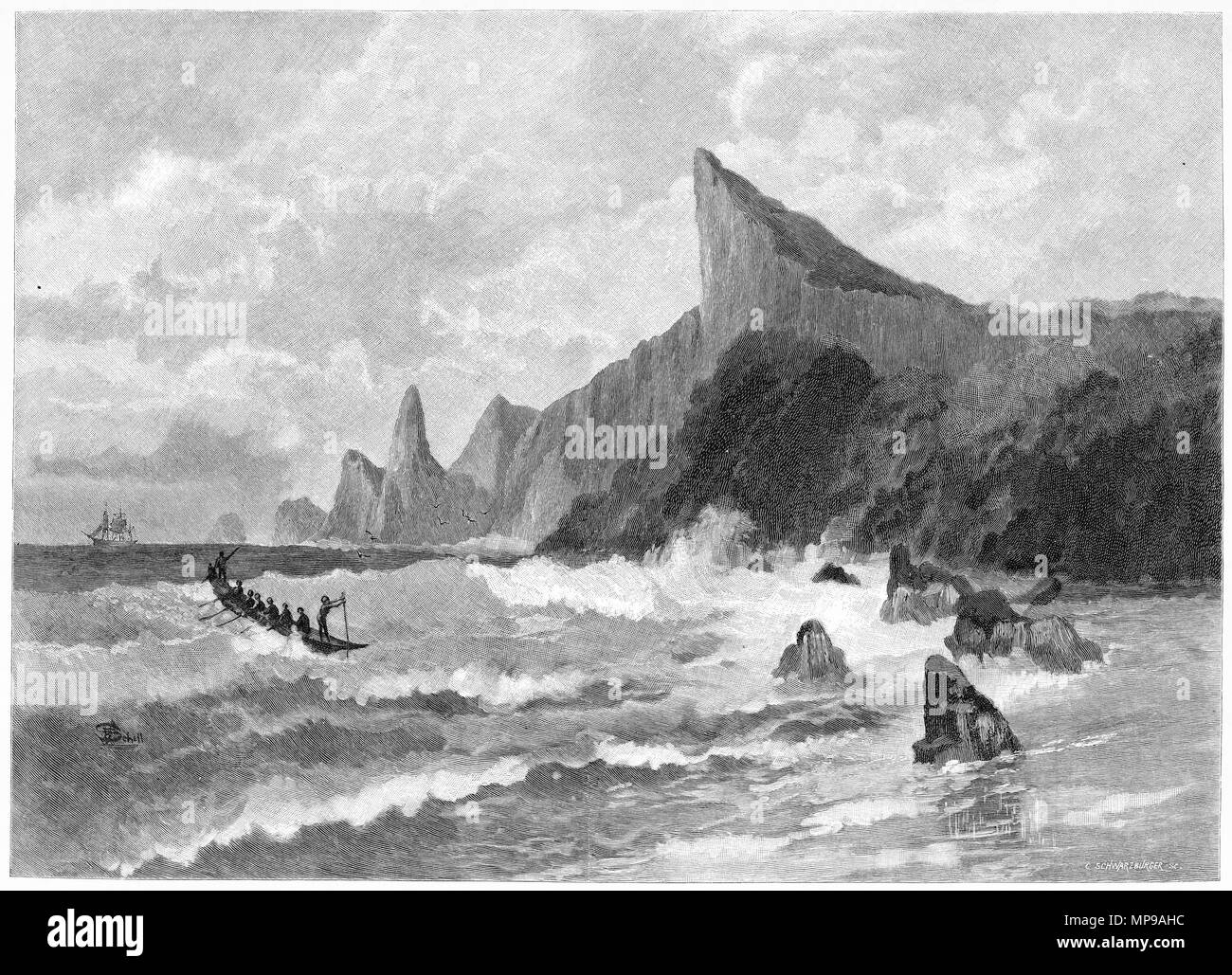 Engraving of a canoe crossing the surge at Pitcairn Island, final ...