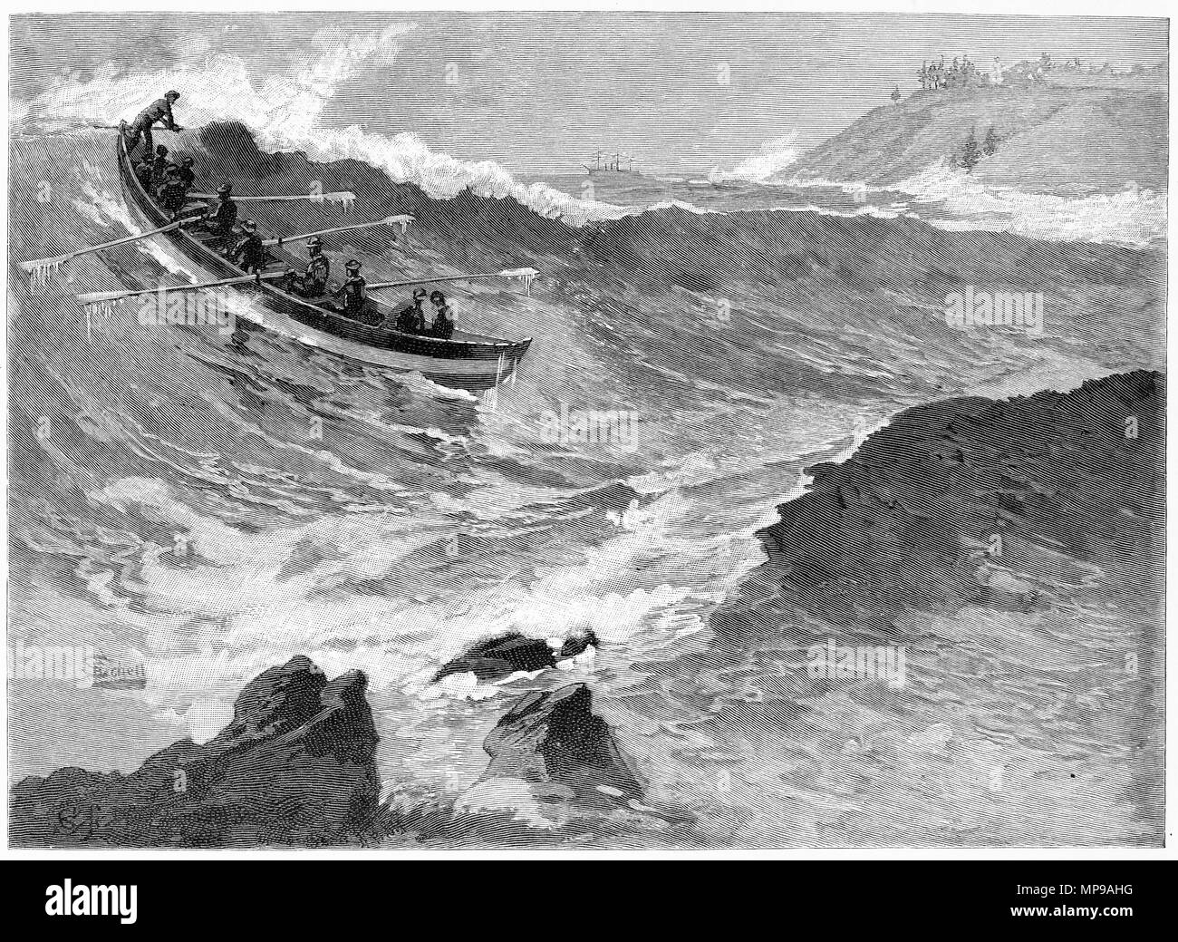 Engraving of a boat landing at Norfolk Island through the surf. From ...