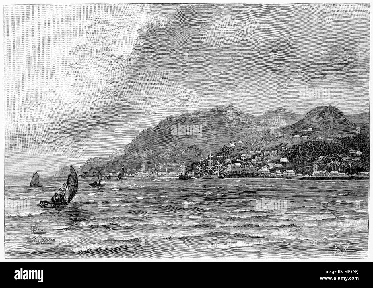 Engraving of Levuka in Fiji. From the Picturesque Atlas of Australasia ...