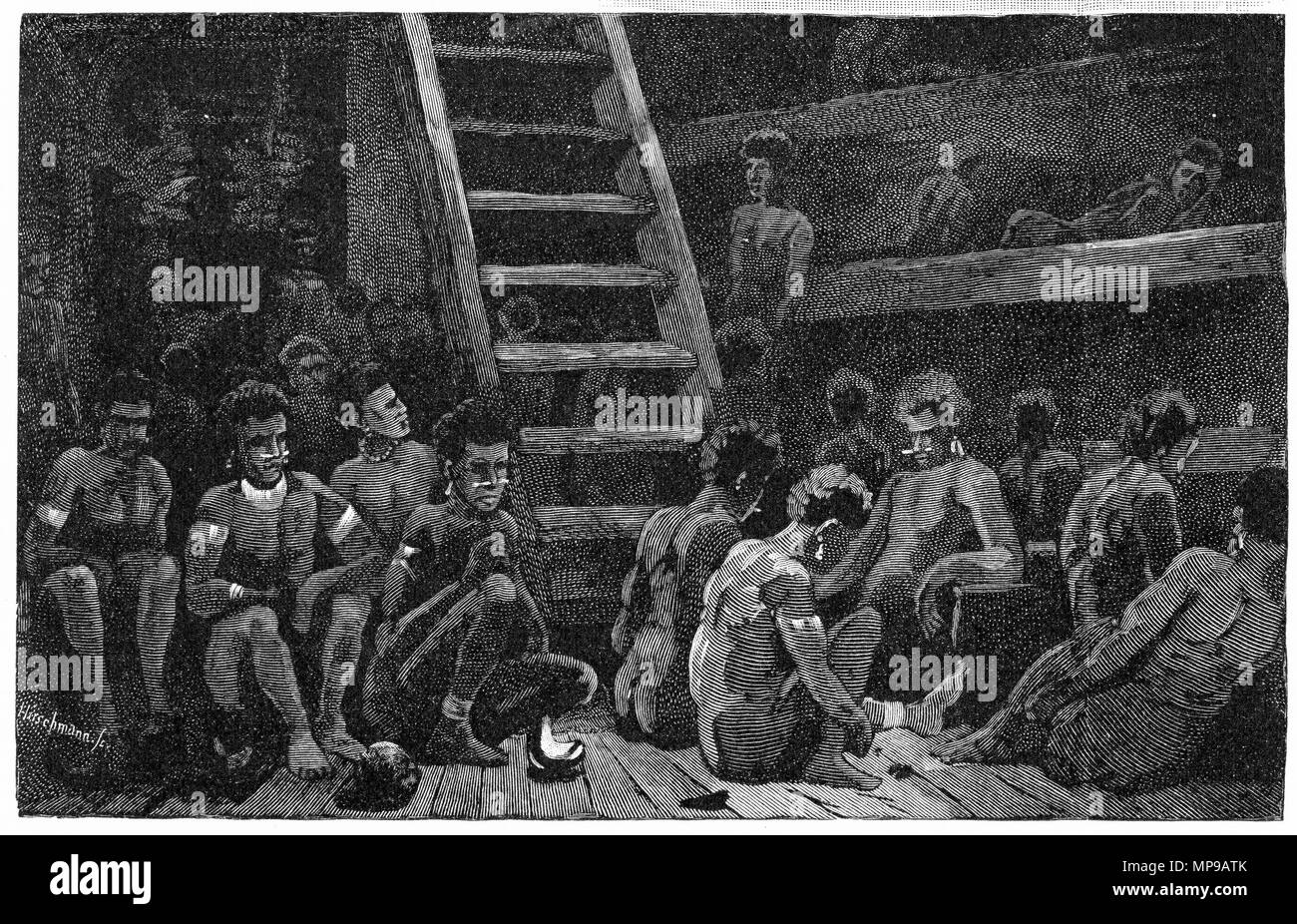 Engraving of slaves in the hold of a slave ship leaving from the New ...