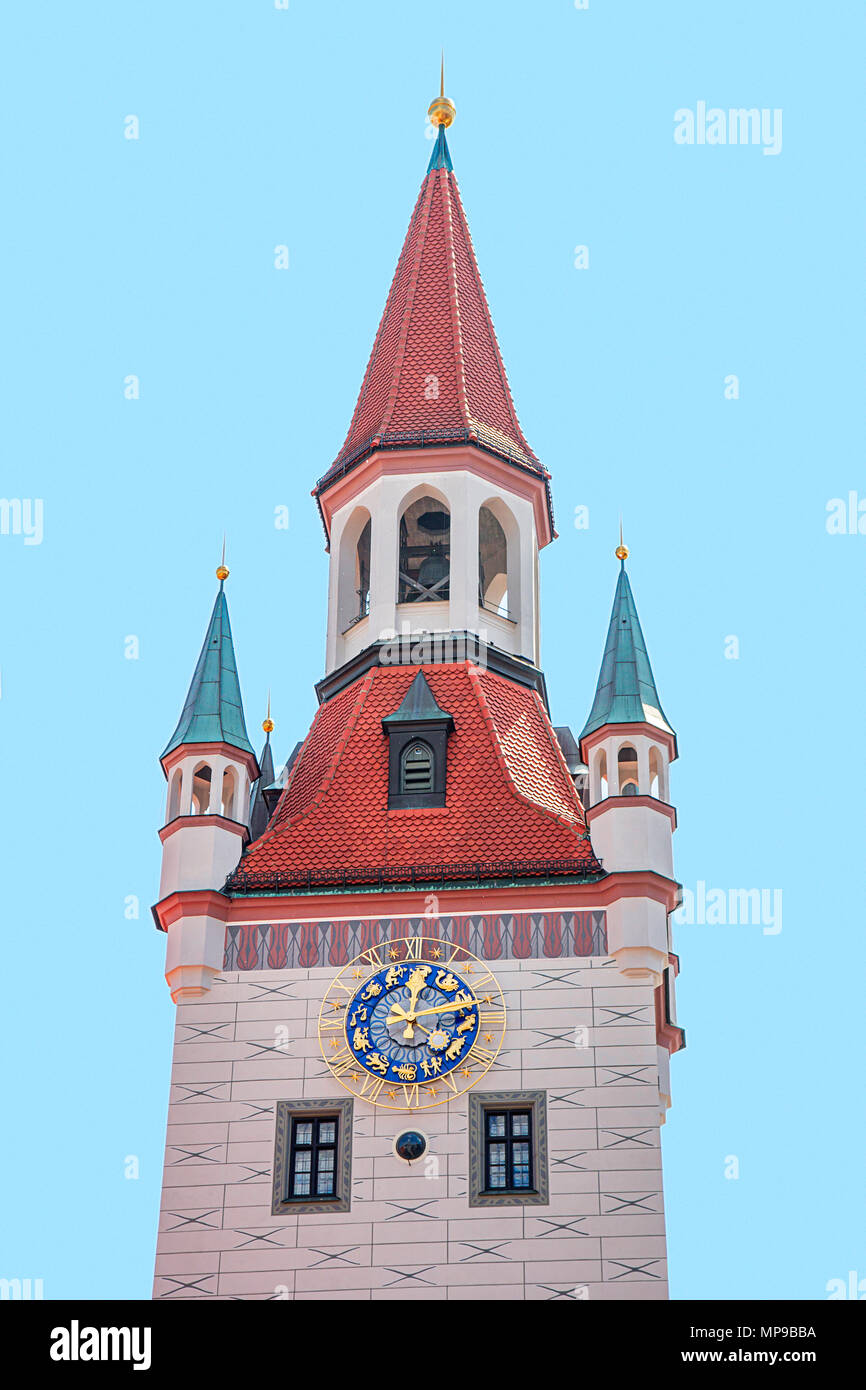 Zodiac Clock Tower of Old City Hall at Munich city center, Germany ...