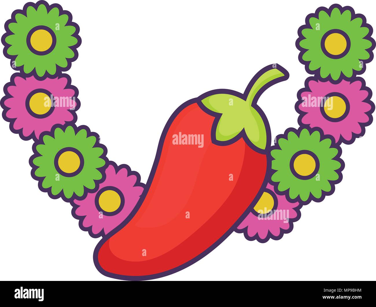 decorative wreath of flowers with chili pepper over white background ...