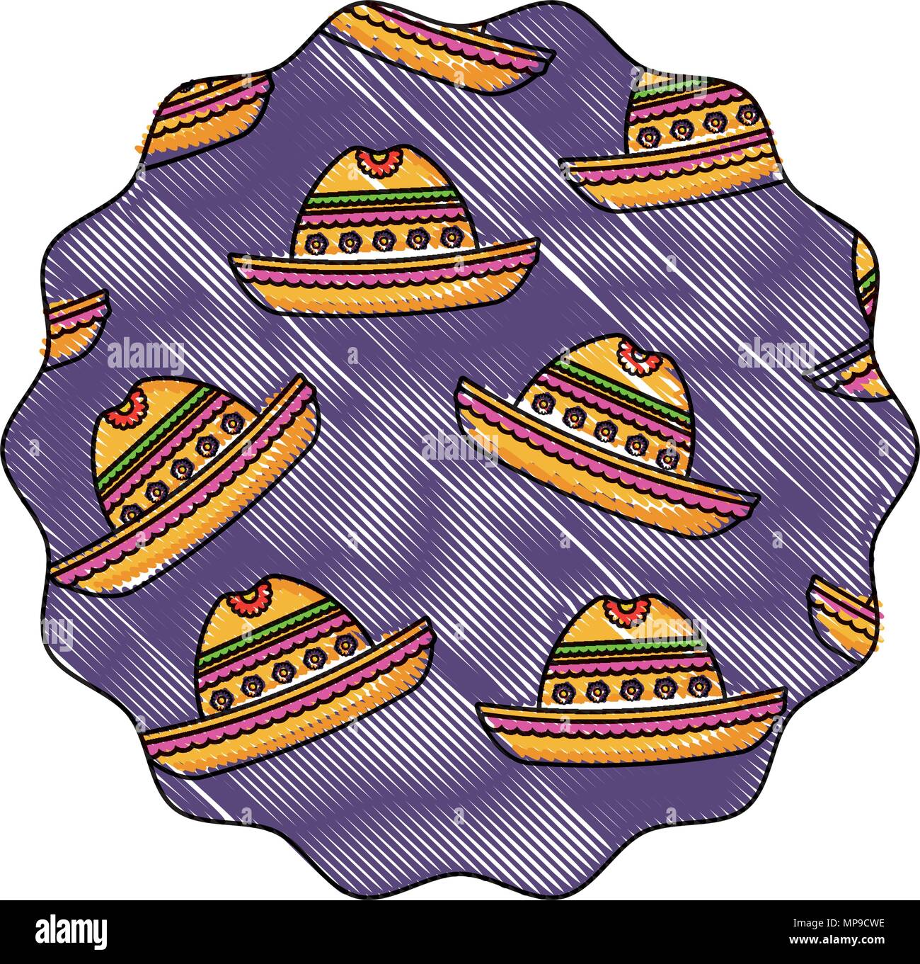 circular frame with Mexican hat pattern over white background, vector ...