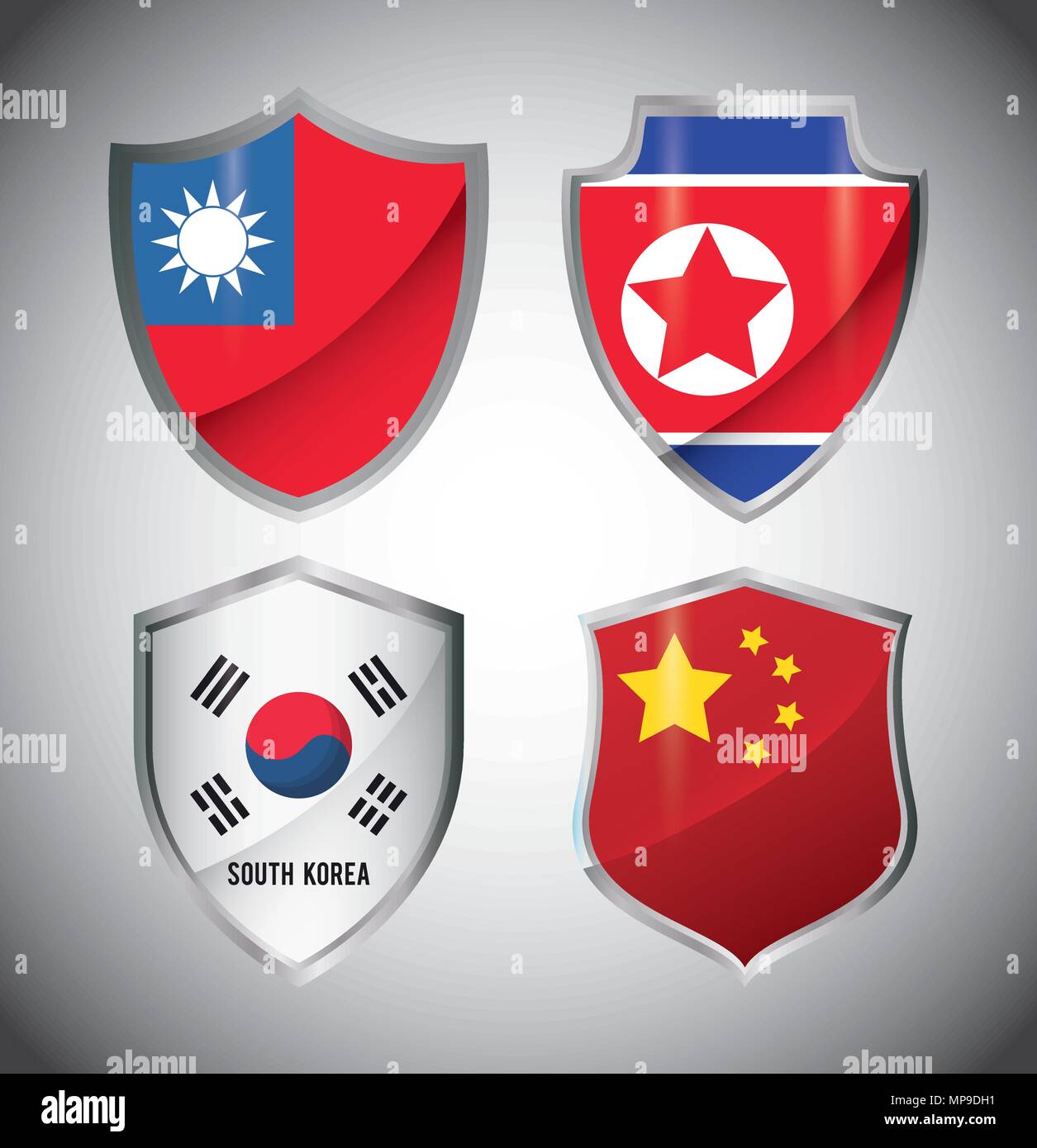 Icon set of Asian flags in shield shapes over gray background, colorful ...