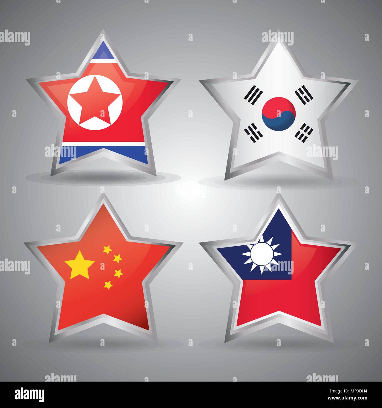 Icon set of Asian flags in star shapes over gray background, colorful ...