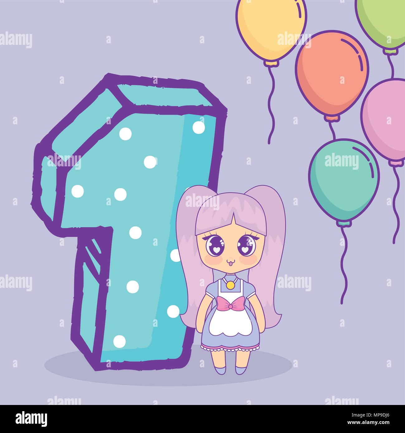 Happy birthday design with Kawaii Anime girl and number 1 over purple ...