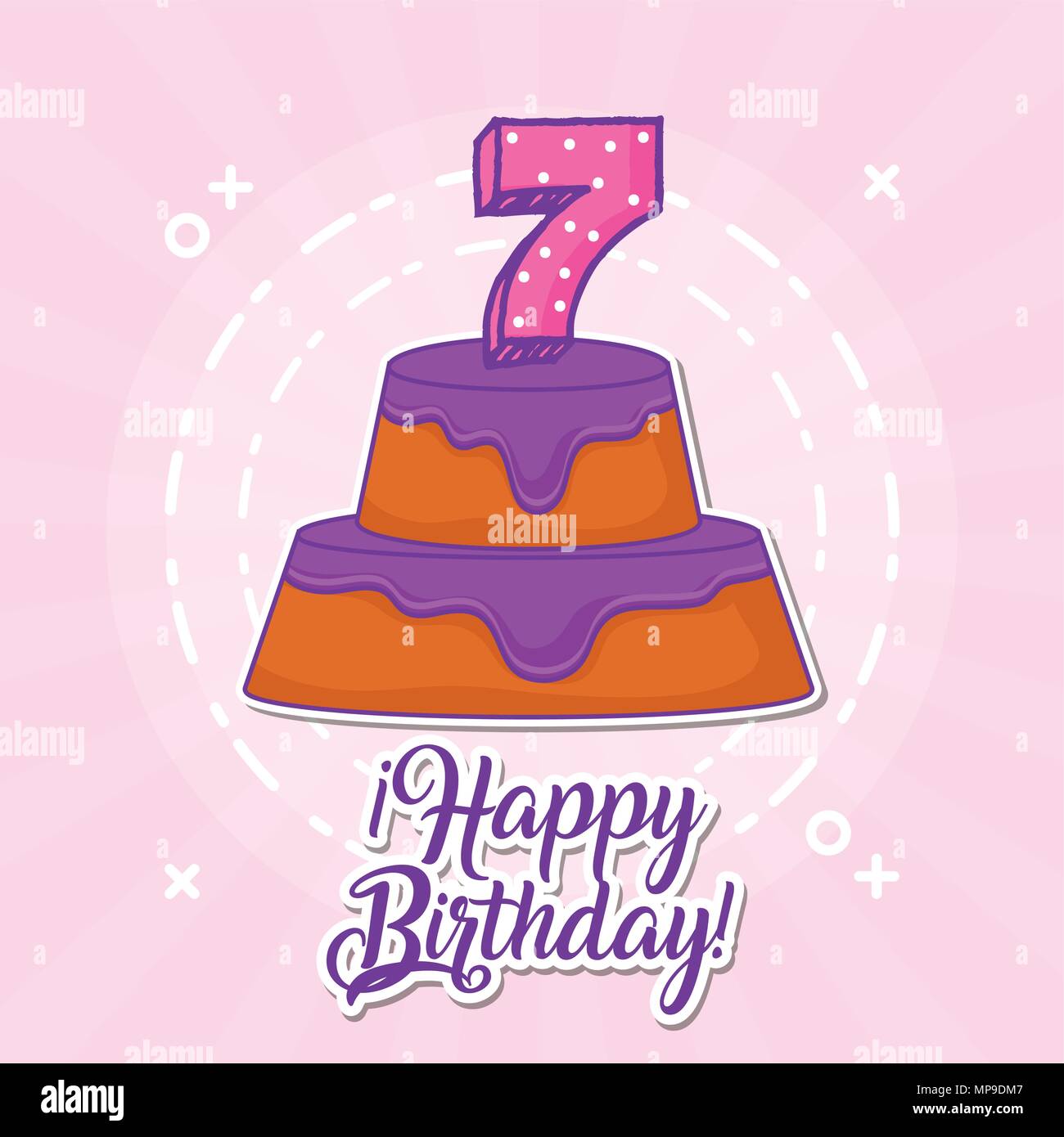 Happy birthday design with birthday cake with 7 number candle over pink ...