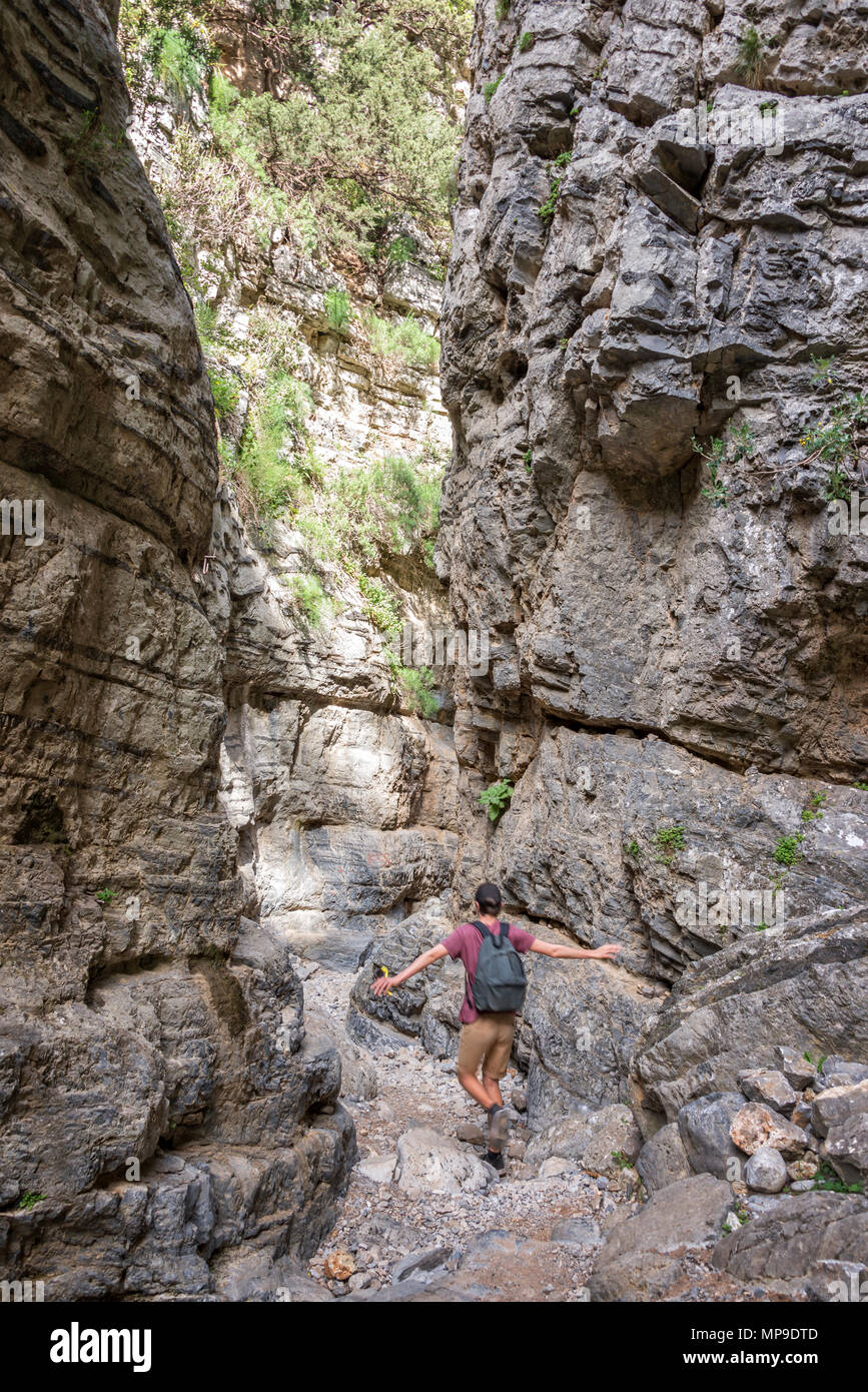 Hiker in a narrow trail of Imbros gorge, Crete, Greece Stock Photo - Alamy