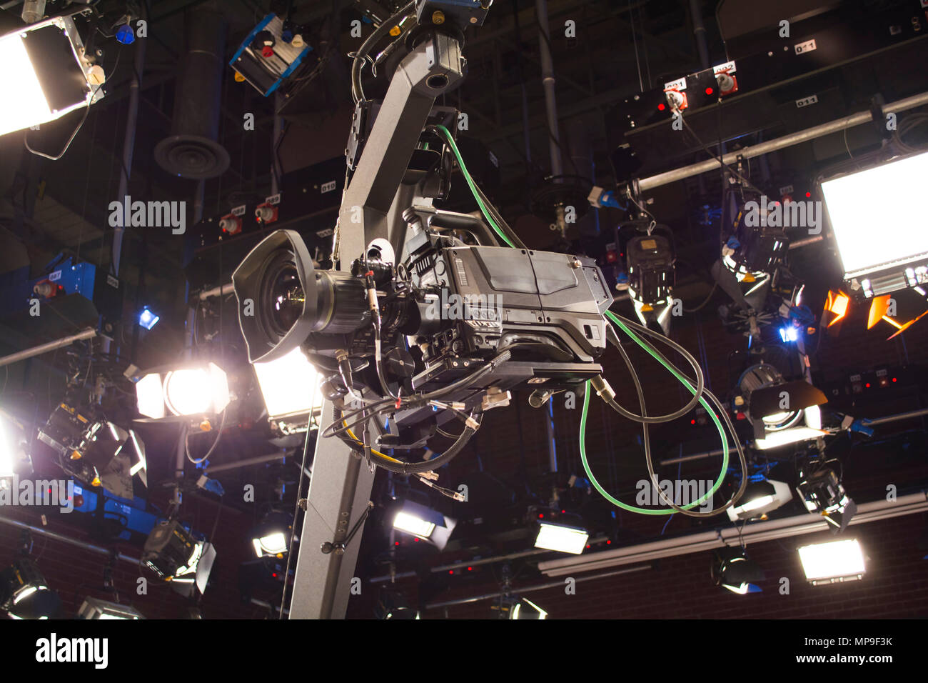 camera record on crane in production on studio and light to stage for ...