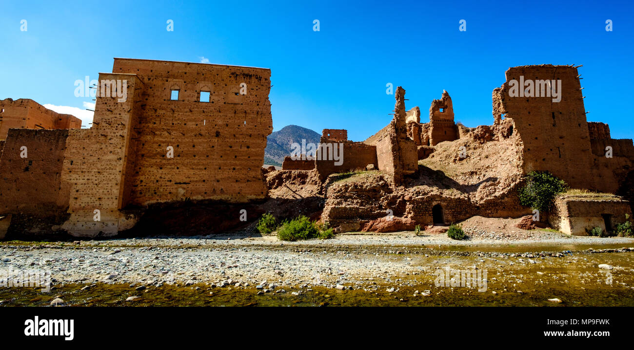 A ruined Glaoui Kasbah on the banks of the Oued N'Fis, Marrakech ...