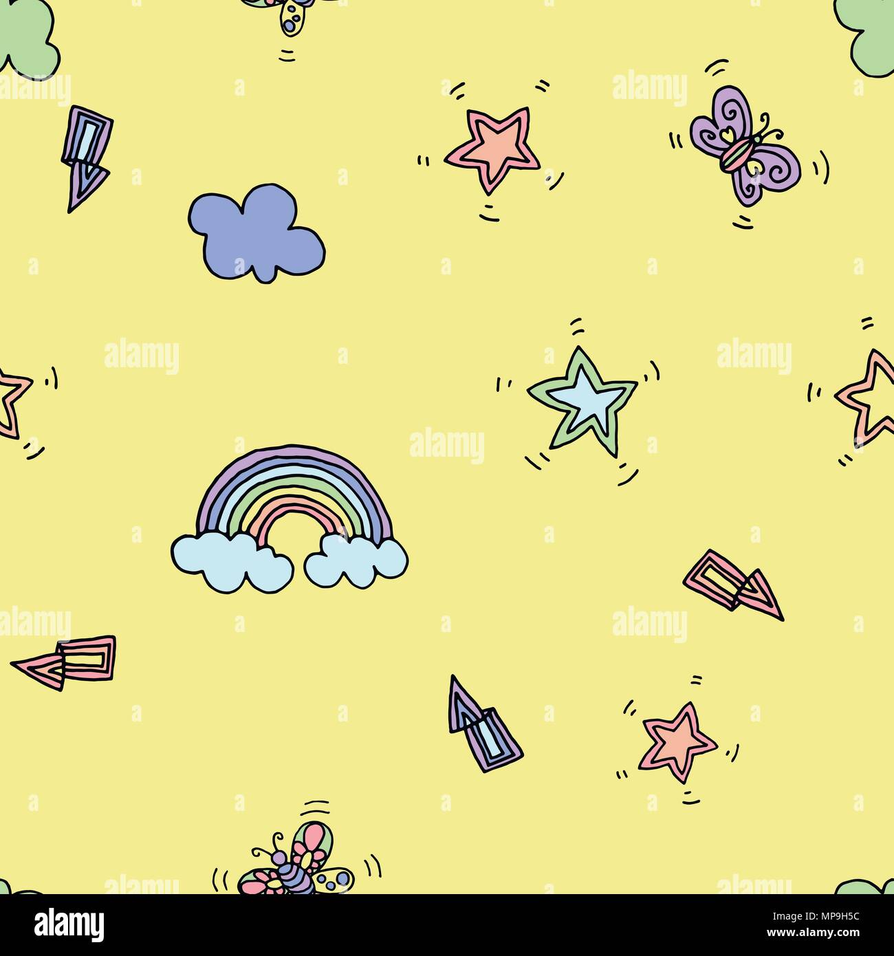 Seamless pattern with rainbow, stars, flash, lightning and butterfly on ...