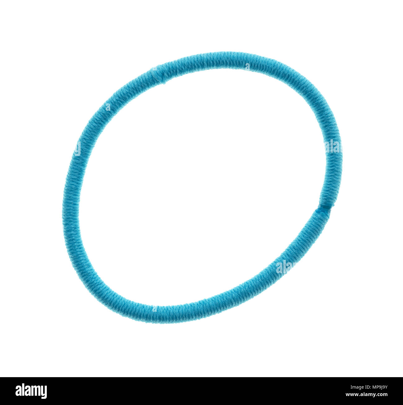 Top view of a single blue elastic ponytail tie on a white background ...