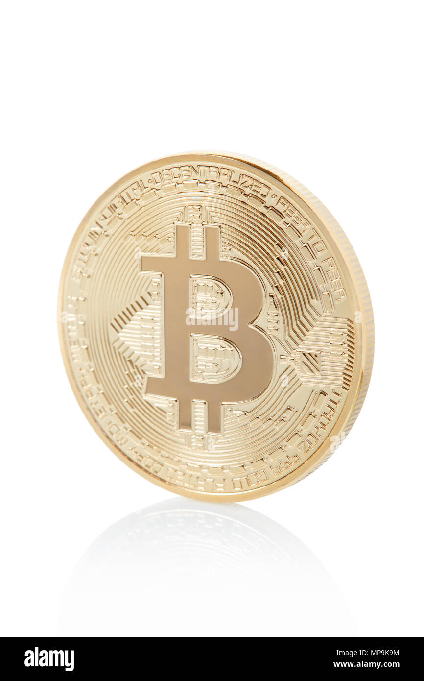 Bitcoin, golden coin lateral view isolated on white, clipping path ...