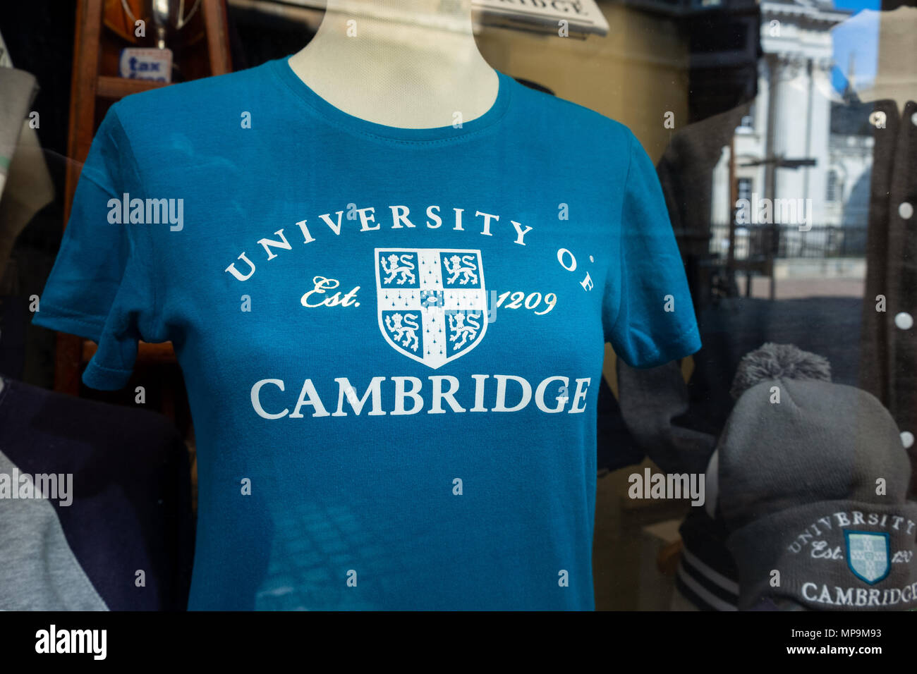 Souvenir University of Cambridge clothing in a shop window in Cambridge ...
