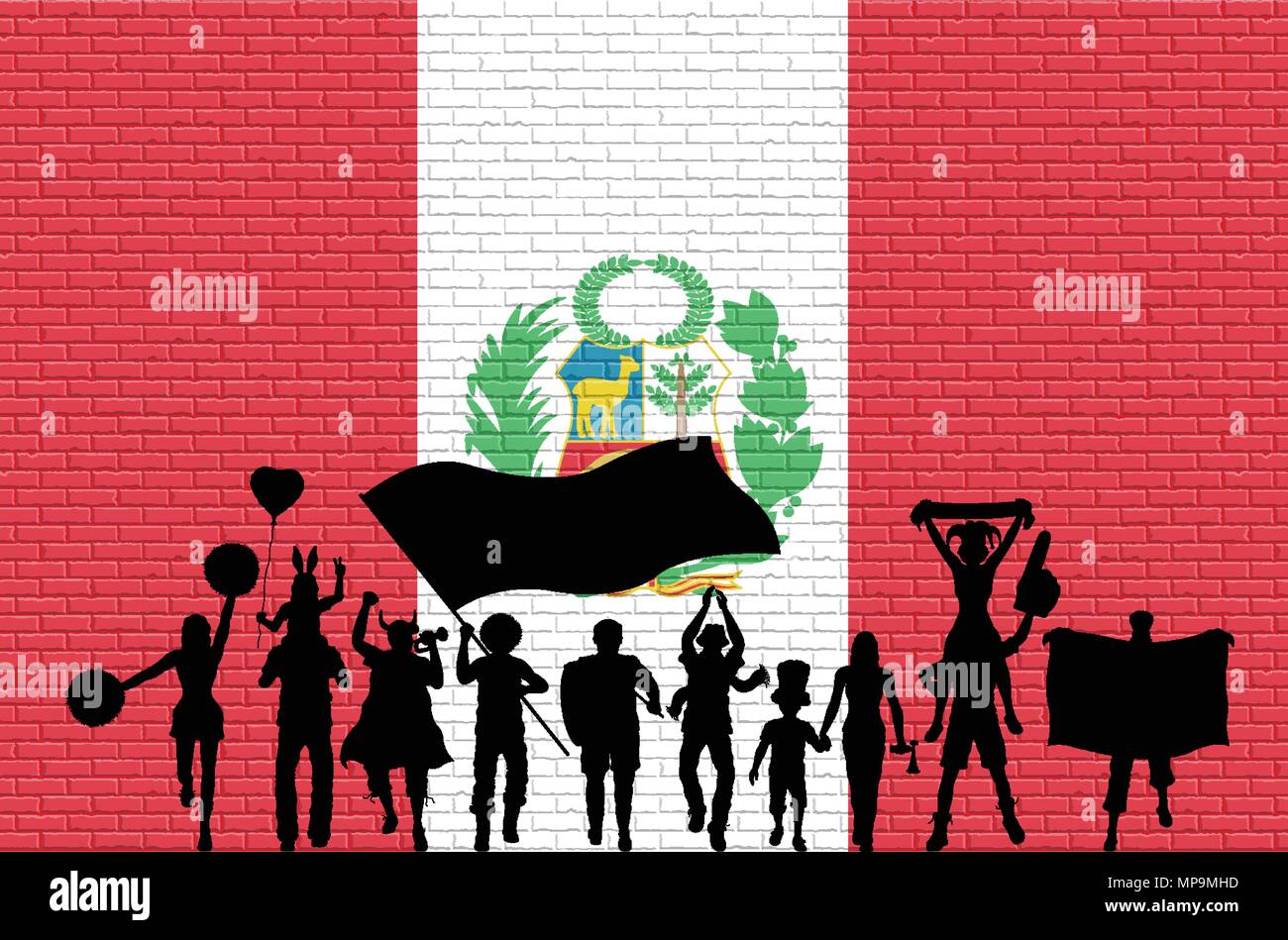 Peruvian supporter silhouette in front of brick wall with Peru flag ...